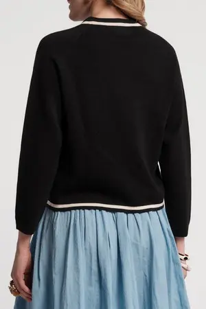 FRANCES VALENTINE Border Tie Neck Cardigan - Black/oyster