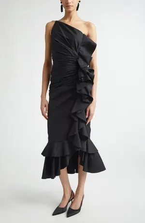 Carolina Herrera Ruffled Asymmetric Ruched One-shoulder Midi Dress