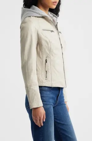Mauritius Nola Leather Jacket With Removable Hoodie - White