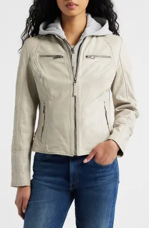 Mauritius Nola Leather Jacket With Removable Hoodie - White