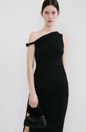 Mango Ruched One-shoulder Midi Dress