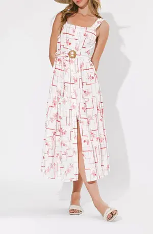 Adelyn Rae Floral Embroidered Midi A-line Dress With Belt