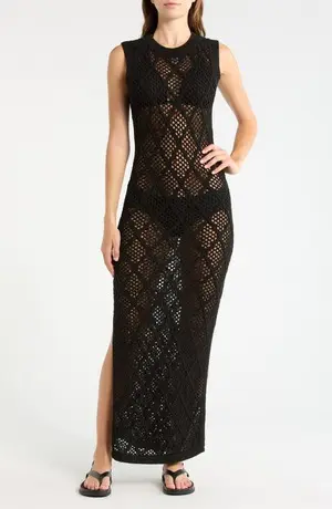 Elan Open Stitch Ruffle Hem Cover-up Maxi Dress - Black