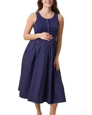 KINDRED BRAVELY Charlotte Mixed Media Maternity & Nursing Midi Dress - Navy