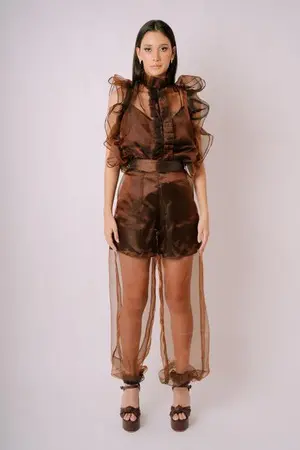 SAN MALO Sheer Organza Pants With Gathered Hems - Brown