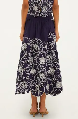 Farm Rio Flowers Richelieu Cotton Midi Skirt - Blue