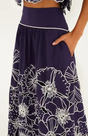 Farm Rio Flowers Richelieu Cotton Midi Skirt - Blue