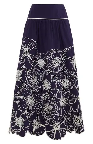 Farm Rio Flowers Richelieu Cotton Midi Skirt - Blue