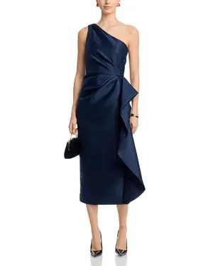 Amsale Mikado One Shoulder Cascade Gown