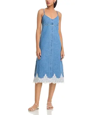 Women's Denim Eyelet Trim Midi Dresses