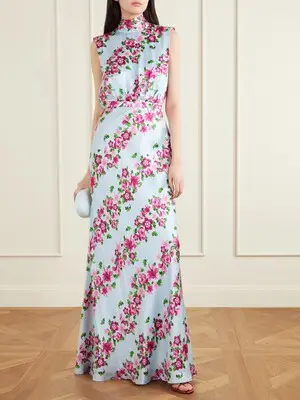 Saloni Fleur Printed Satin Halterneck Gown