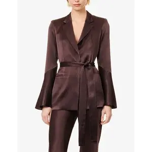 Shona Joy Flared-sleeve Belted Satin Blazer