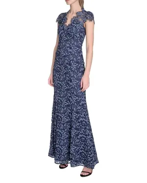 Eliza J Scalloped-edge Lace Gown - Denim