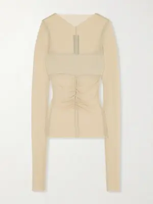 Rick Owens Ruched Stretch-mesh T-shirt - Neutrals