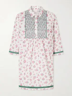 Loretta Caponi Alassio Shirred Embroidered Floral-print Mini Dress - Multi