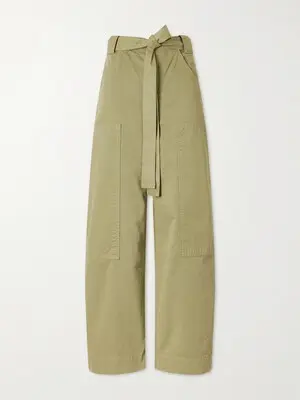 JAMIE HALLER Cropped Belted Cotton-twill Wide-leg Pants - Green