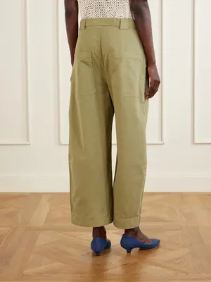 JAMIE HALLER Cropped Belted Cotton-twill Wide-leg Pants - Green
