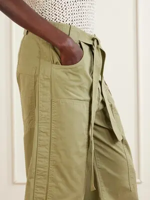 JAMIE HALLER Cropped Belted Cotton-twill Wide-leg Pants - Green