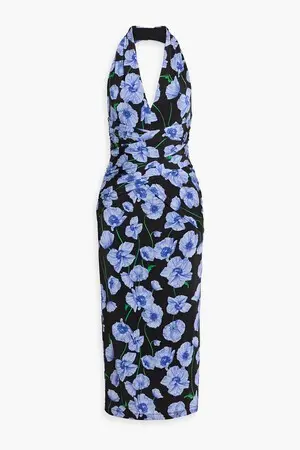 Carolina Herrera Floral-Print Stretch-Jersey Halterneck Midi Dress - Black