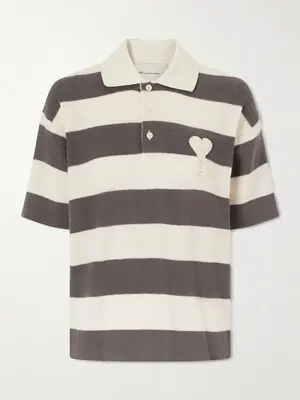 AMI Paris Embroidered Striped Cotton Polo Shirt - Neutrals
