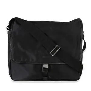 Prada Nylon Saffiano Logo Buckle Messenger Bag - Black