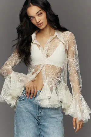 SIEMPRE Lace Long-sleeve Ruffle Cuff Blouse - White