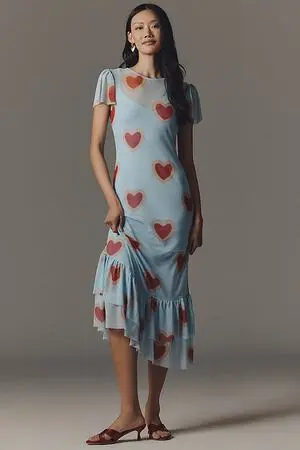 NEVER FULLY DRESSED Heart Print Mesh Midi Dress - Blue Pattern