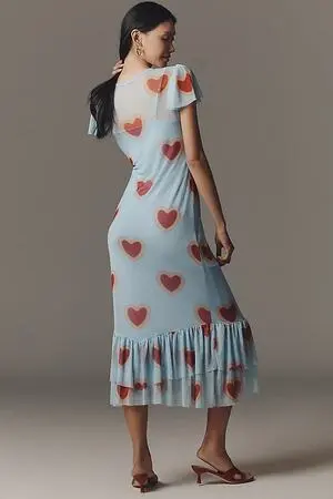 NEVER FULLY DRESSED Heart Print Mesh Midi Dress - Blue Pattern