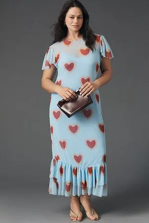 NEVER FULLY DRESSED Heart Print Mesh Midi Dress - Blue Pattern