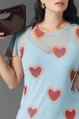 NEVER FULLY DRESSED Heart Print Mesh Midi Dress - Blue Pattern