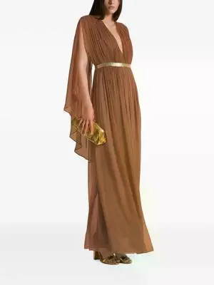 Alberta Ferretti Pleated V-neck Maxi Dress - Brown