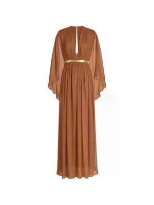 Alberta Ferretti Pleated V-neck Maxi Dress - Brown