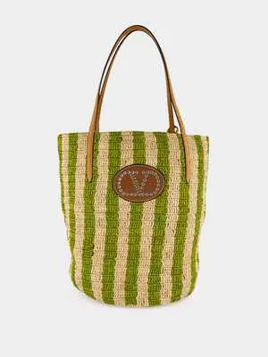 Valentino Garavani Natural And Striped Raffia Shopping Bag - Green