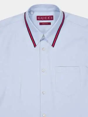 Gucci Pale Oxford Cotton Shirt With Web Collar - Blue