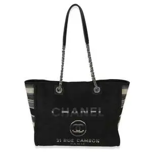 Chanel Canvas Striped Deauville Shopping Tote - Black