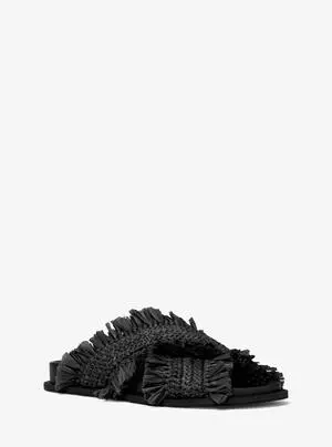 Michael Kors Peyton Raffia Slide Sandals With Fringe Detailing - Black
