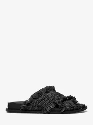 Michael Kors Peyton Raffia Slide Sandals With Fringe Detailing - Black