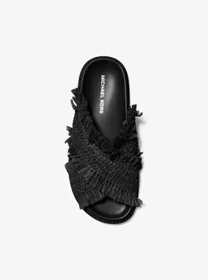 Michael Kors Peyton Raffia Slide Sandals With Fringe Detailing - Black