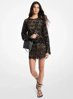 Michael Kors Floral Crochet Mini Skirt With Mirror Embellishments - Black