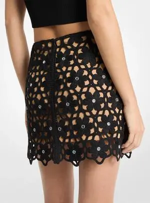 Michael Kors Floral Crochet Mini Skirt With Mirror Embellishments - Black