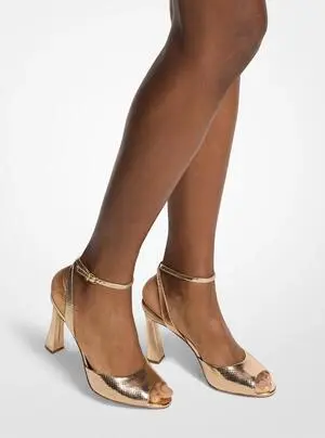 Michael Kors Rosie Metallic Snake Embossed Leather High Heel Sandals - Gold