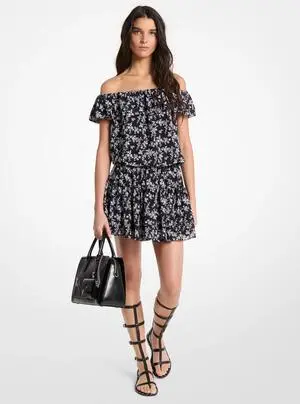 Michael Kors Floral Print Georgette Off-the-shoulder Dress - Black