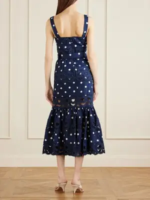 SELF-PORTRAIT Belted Polka-dot Linen And Cotton-blend Midi Dress - Blue
