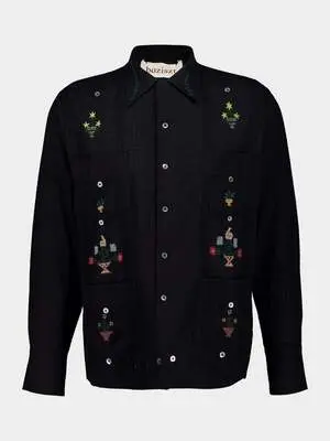 BAZISZT Navy Byrsa Embroidered Shirt - Blue
