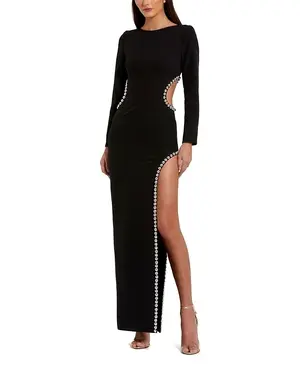 Mac Duggal Crepe Gown With Beaded Cutouts And Slit