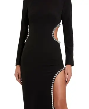 Mac Duggal Crepe Gown With Beaded Cutouts And Slit