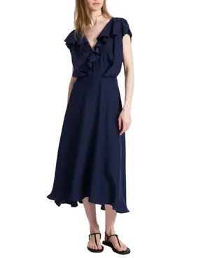 Santorelli Mandy Ruffled Faux Wrap Silk Midi Dress