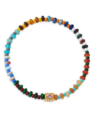 Luis Morais 14k Yellow Gold, Pink Sapphire, Glass & Agate Bead Bracelet - Multi