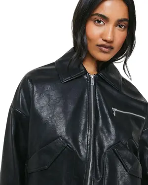 WAREHOUSE Faux Leather Distressed Bomber Jacket