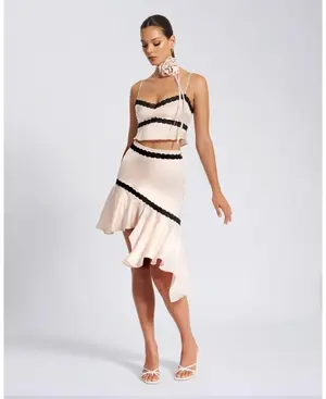 MISS CIRCLE NEW YORK Lace Trim Satin Midi Skirt